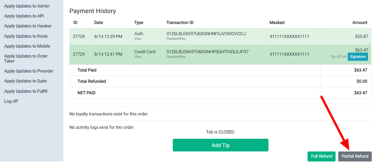 Partial Refund to a Tab or Order – Tapin2 Knowledge Base